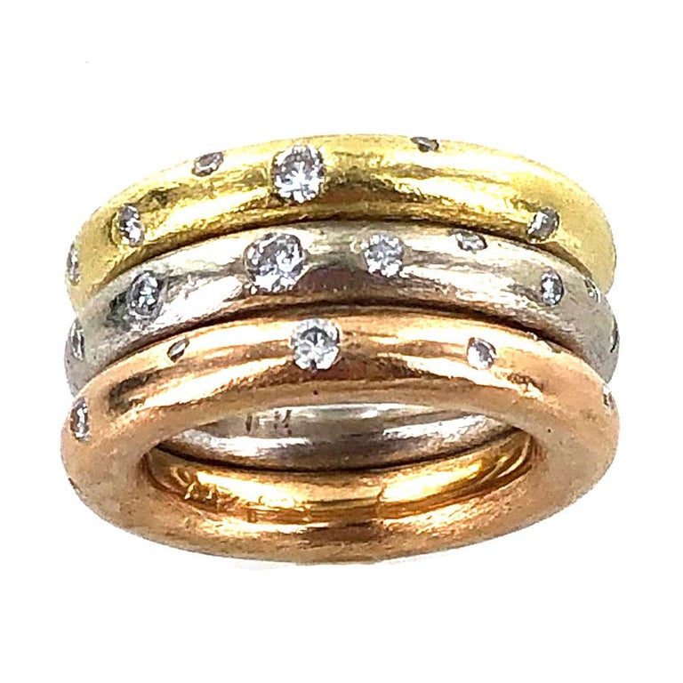 Stackable Diamond 18 Karat Tri-Color Gold Rings at 1stDibs