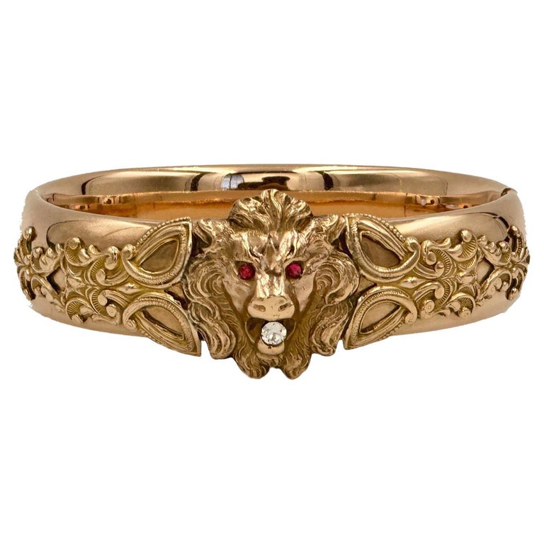 Stackable Victorian Gold-Filled Lion Bangle Cat Tiger Animal Jewellery ...