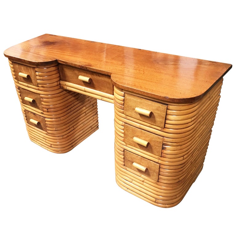 Stacked Rattan Secretary Desk with Mahogany Top For Sale at 1stDibs