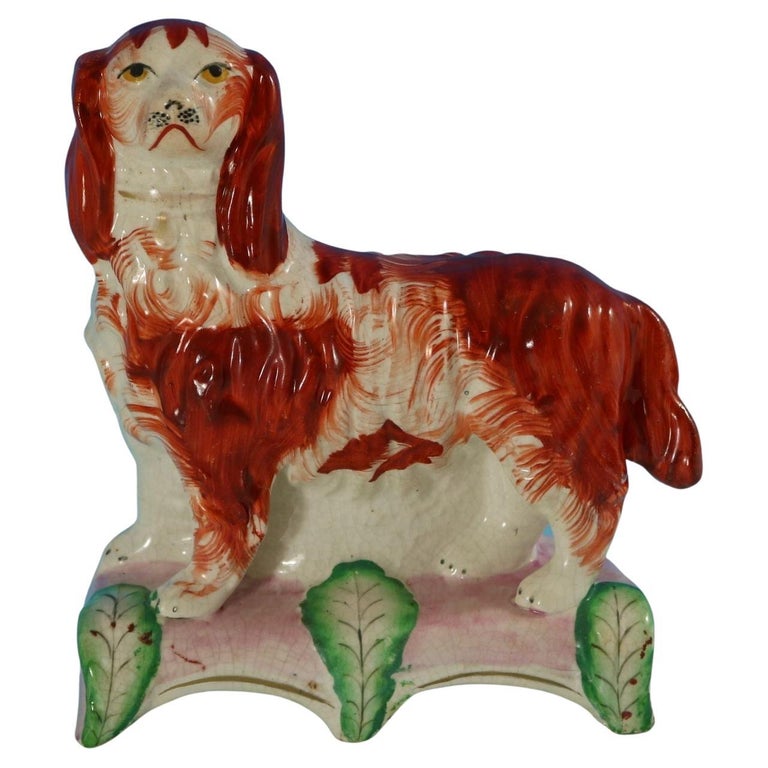 Staffordshire King Charles Spaniels on Leaf Base at 1stDibs
