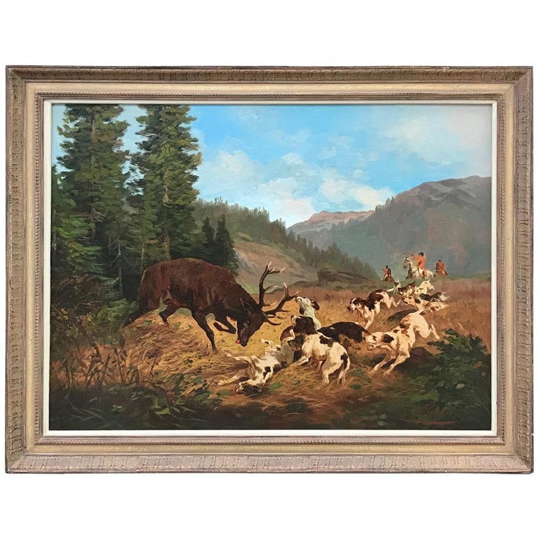 Stag Hunt Scene Oil Painting For Sale at 1stDibs