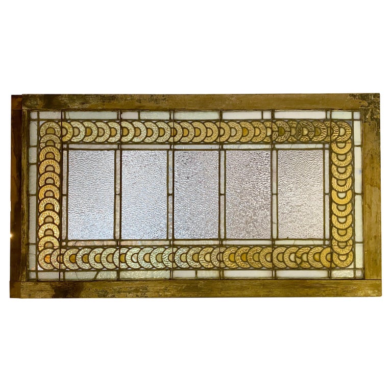 Stained Glass Window w/ Gold Circles and Clear Textured Glass, Early ...