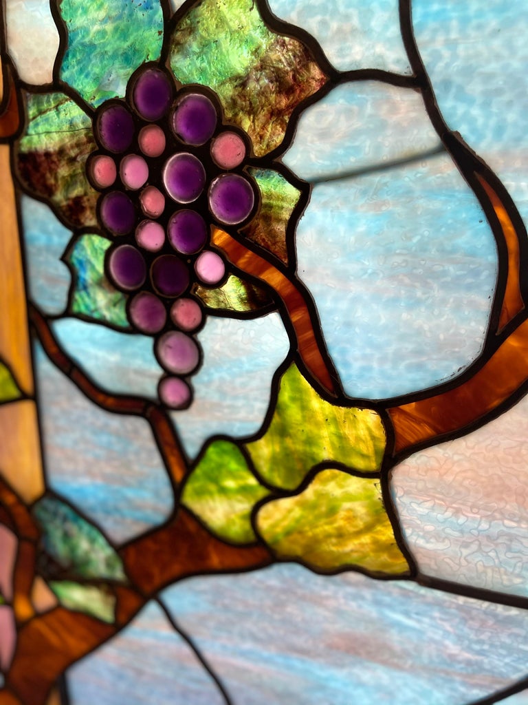 Tiffany Type Stained Glass Window, Woman in Grape Arbor Possibly Early ...