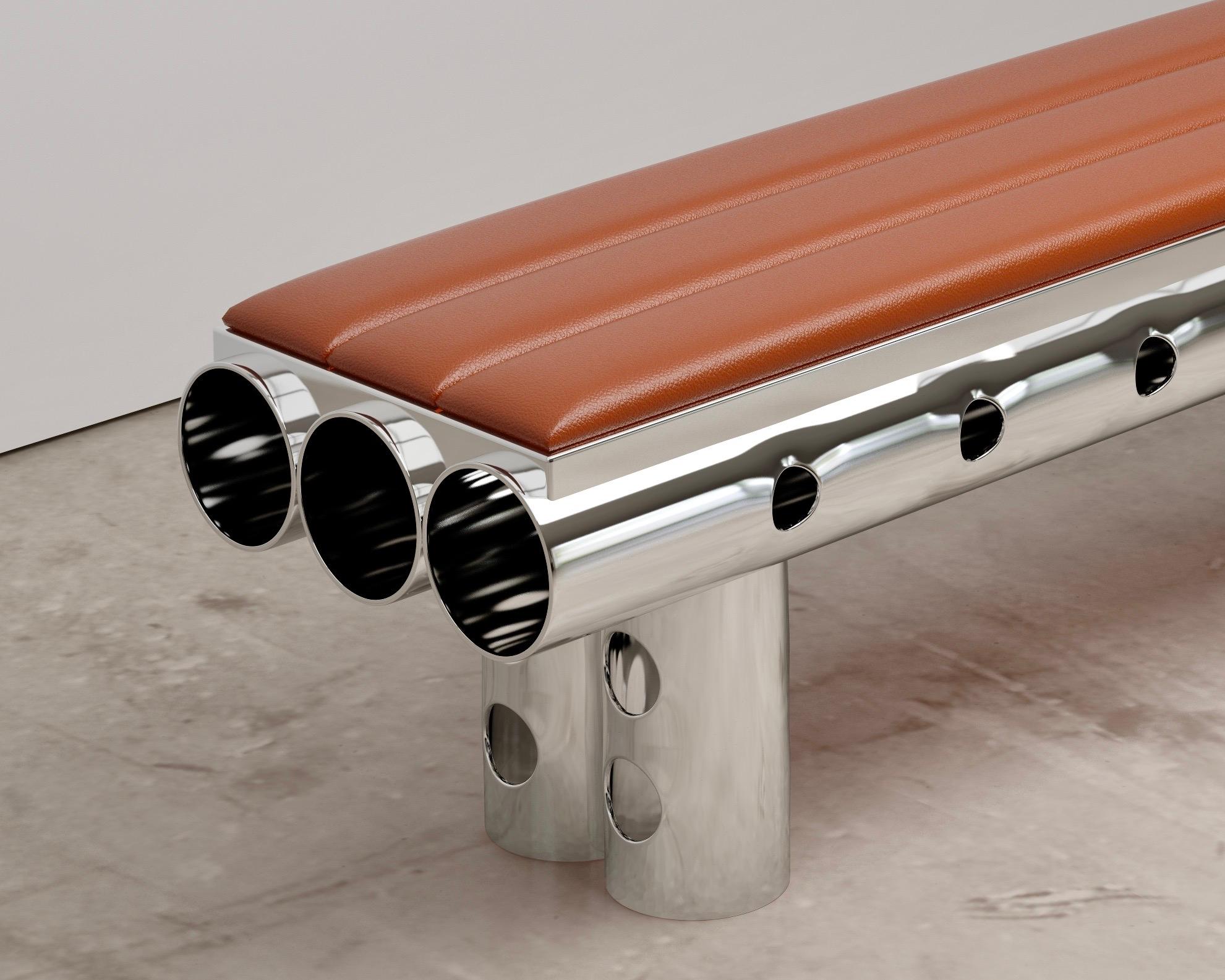 Stainless Steel Bench With Cognac Leather For Sale at 1stDibs ...