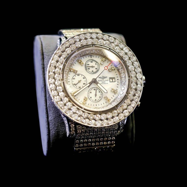 Stainless Steel Custom 33 Ct Diamond Breitling Chronometer Automatic ...