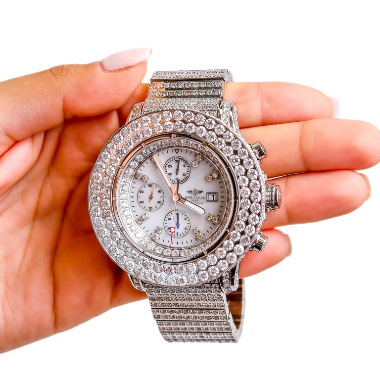 Stainless Steel Custom 33 Ct Diamond Breitling Chronometer Automatic ...