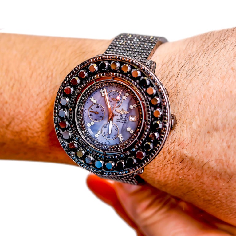 Stainless Steel Custom 90 Carat Black Diamond Dial Breitling Automatic ...