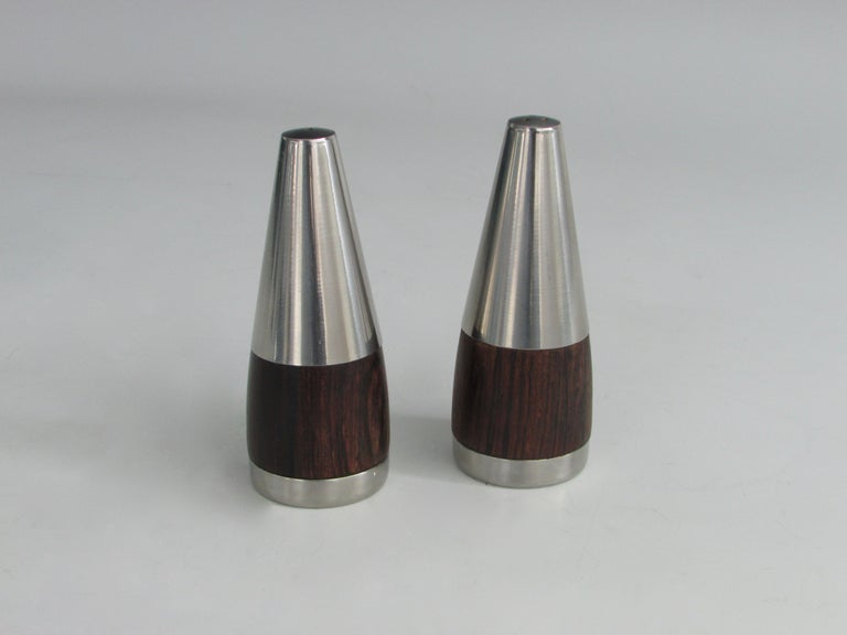 Stainless Steel on Rosewood Modernist Salt and Pepper Shakers Marked ...