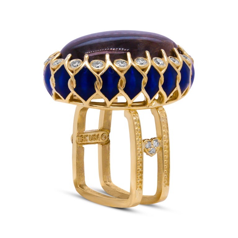 Stambolian 18K Gold Diamond Cobalt Blue Enamel Labradorite Ring For ...