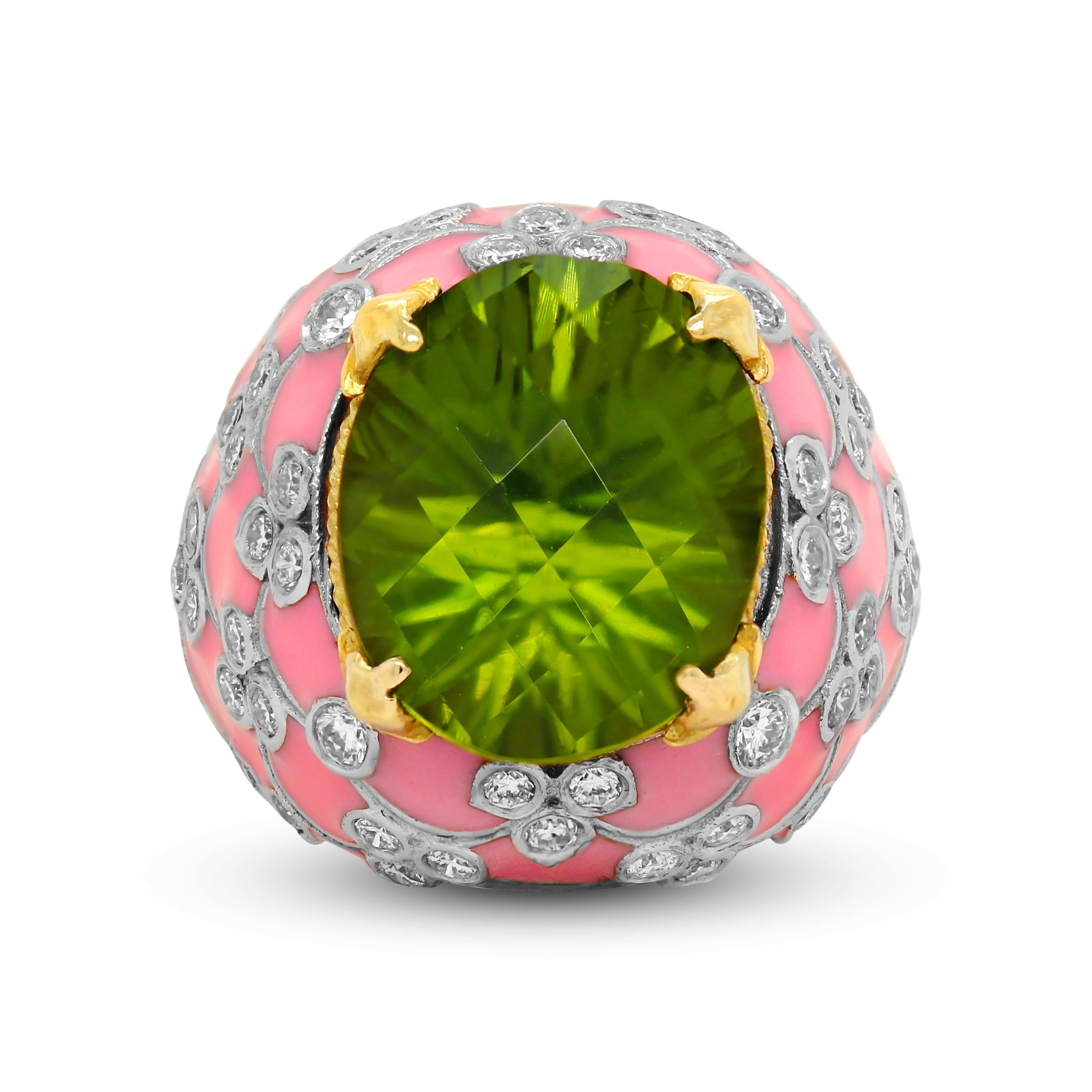Stambolian 18K Gold Pink Enamel Diamonds Checkered Cut Oval Peridot ...