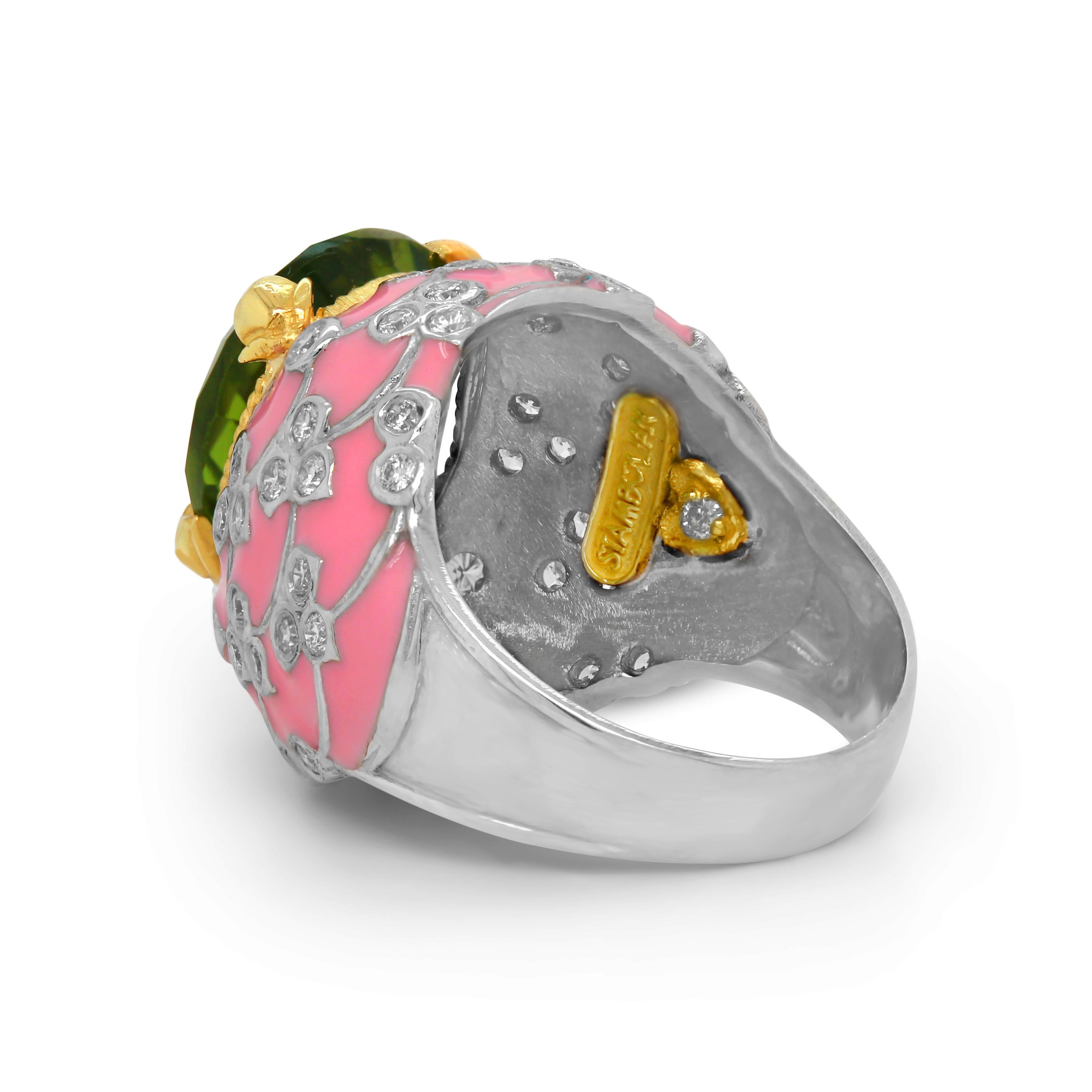 Stambolian 18K Gold Pink Enamel Diamonds Checkered Cut Oval Peridot ...