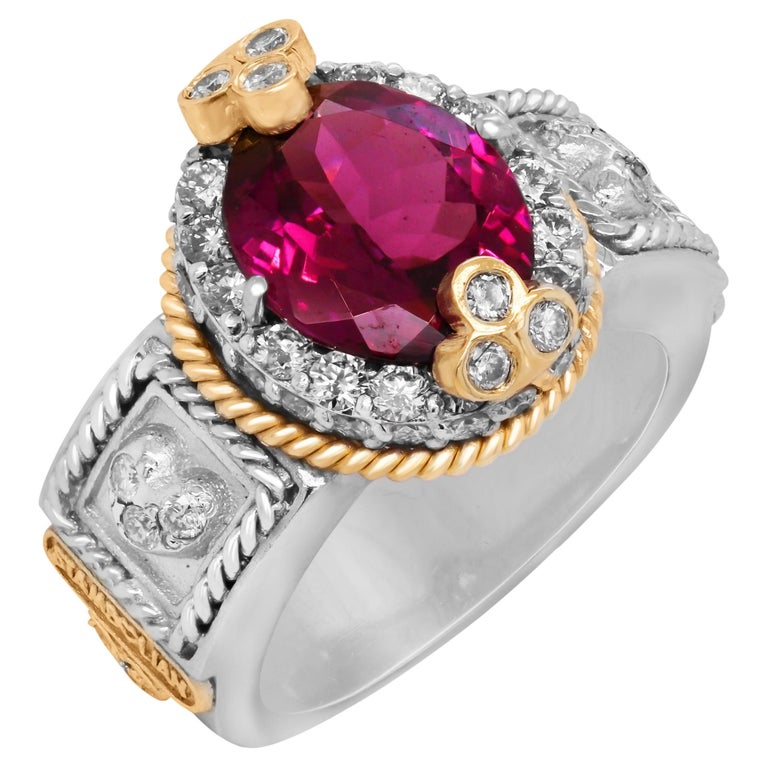 Stambolian 18k White Yellow Gold Diamond Oval Magenta Garnet Cocktail ...