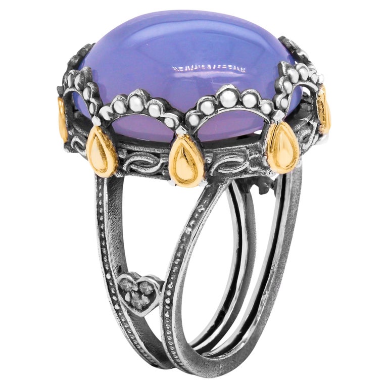 Stambolian Aged Silver 18K Gold Chalcedony Oval Dome Double Band ...