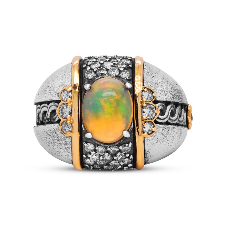 Stambolian Aged Silver 18K Gold Ethiopian Opal Diamond Small Dome Ring ...