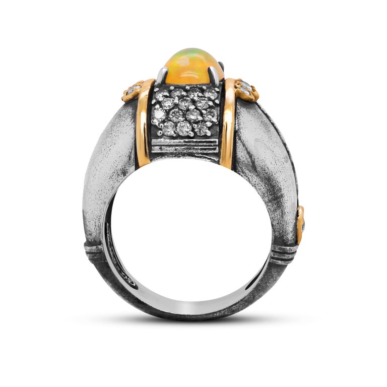 Stambolian Aged Silver 18K Gold Ethiopian Opal Diamond Small Dome Ring ...