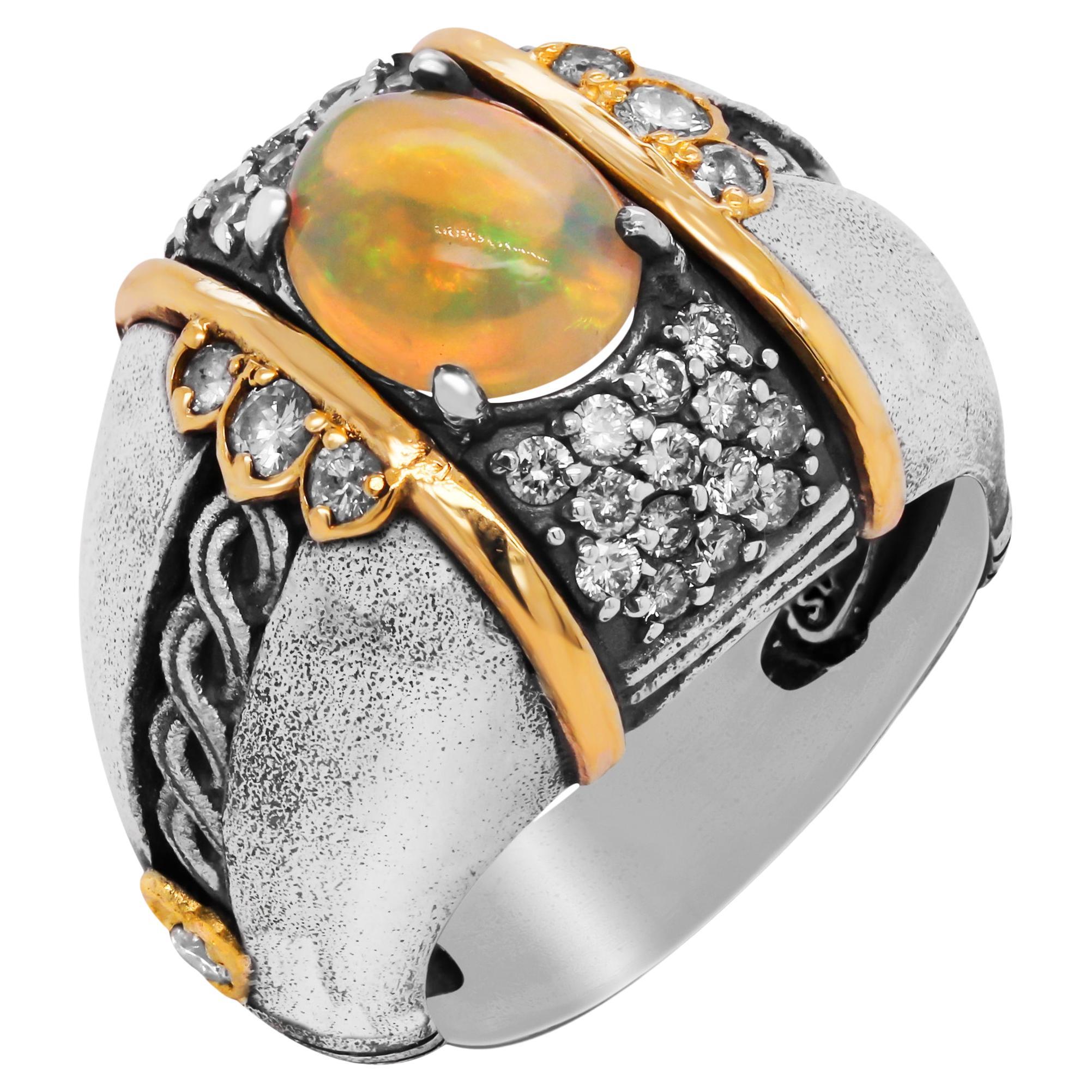 Sterling Silver and 18K Gold Floral Ring with Pink Peruvian Opal Center ...