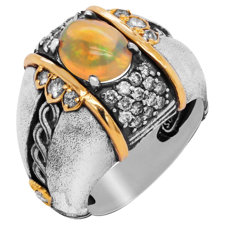 Stambolian Aged Silver 18K Gold Ethiopian Opal Diamond Small Dome Ring ...
