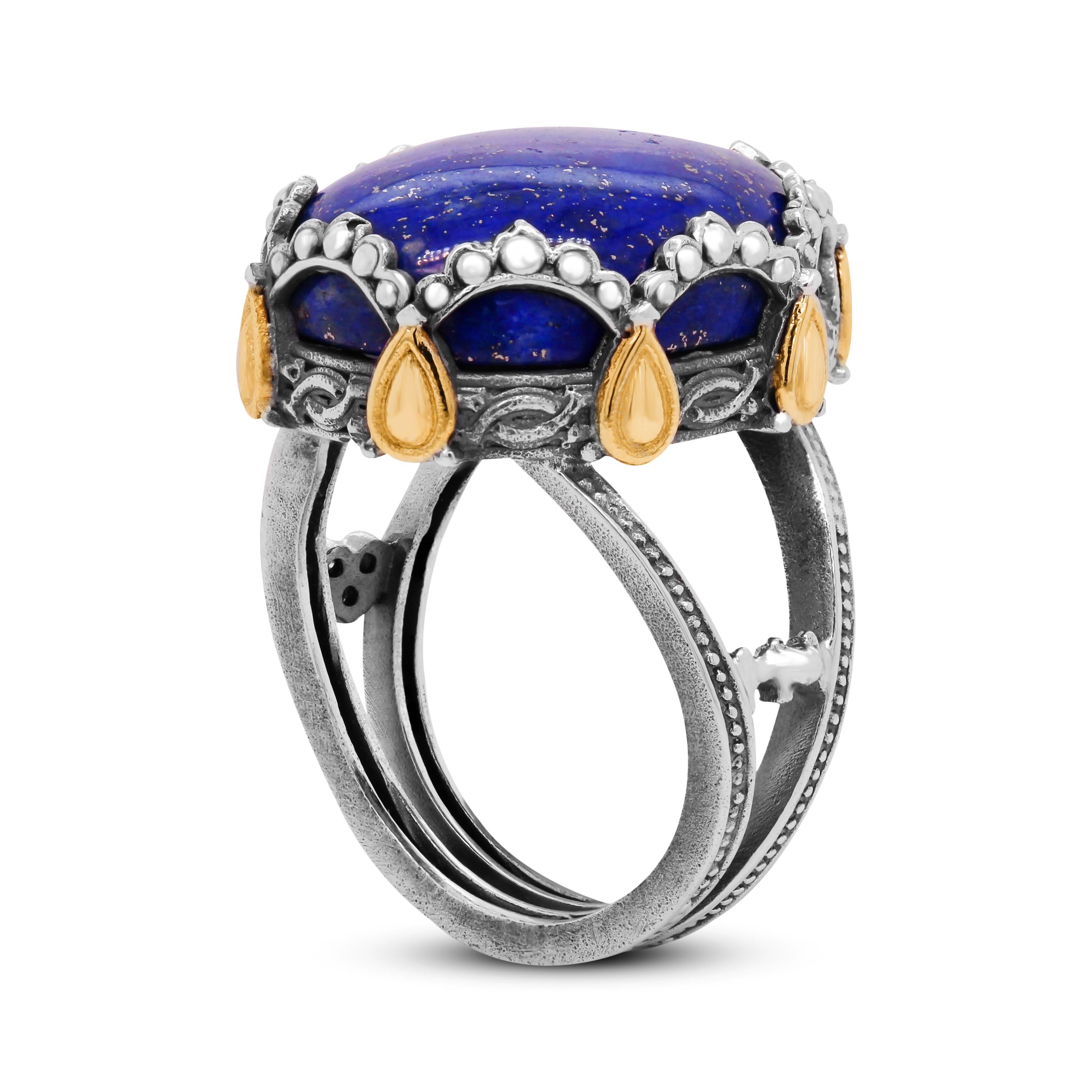 Stambolian Aged Silver 18k Gold Lapis Lazuli Oval Dome Double Band ...