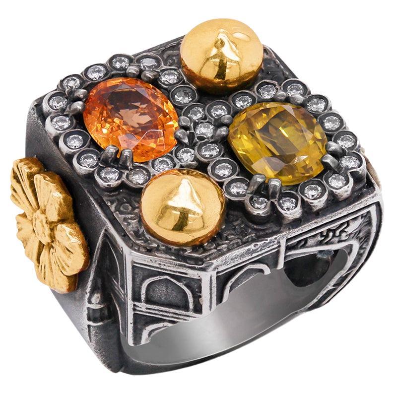 Stambolian Aged Silver 18K Gold Mandarin Garnet Yellow Sapphire Diamond ...