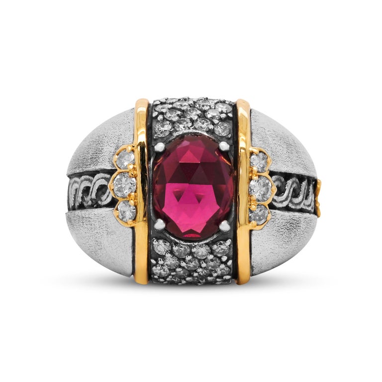 Stambolian Aged Silver 18K Gold Oval Cut Magenta Garnet Diamond Small ...