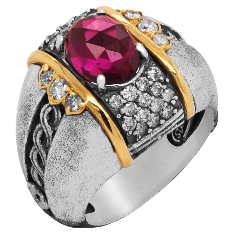 Stambolian Aged Silver 18K Gold Oval Cut Magenta Garnet Diamond Small ...