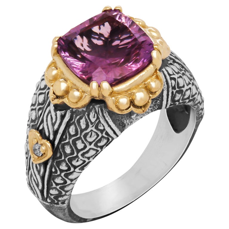Stambolian Aged Silver and 18K Gold Square Amethyst Center Cocktail ...