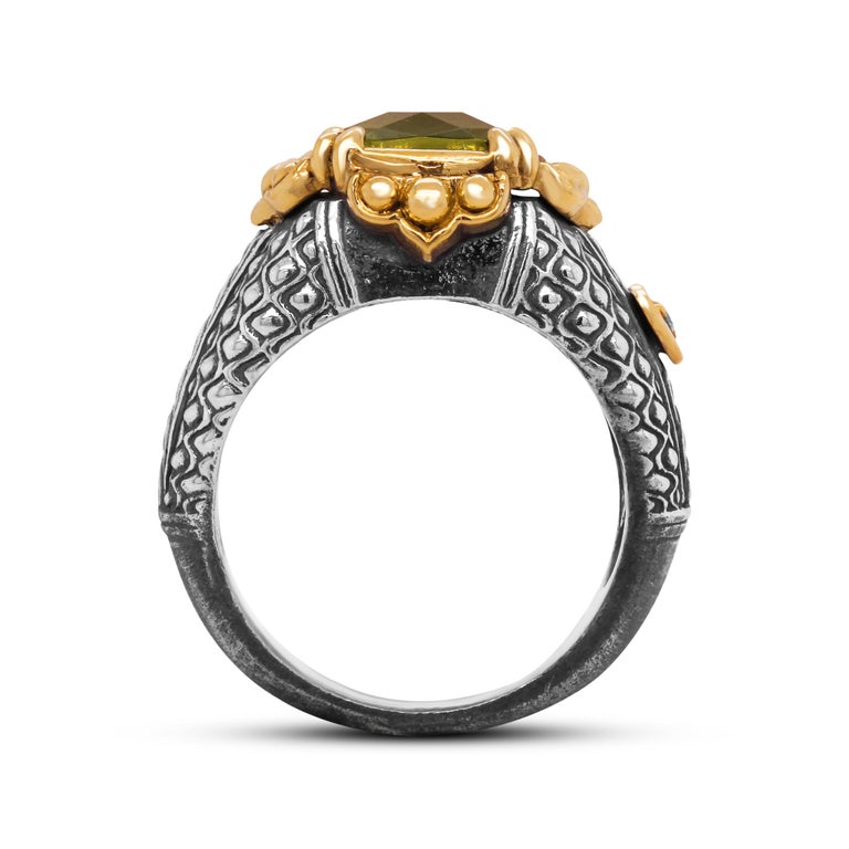 Stambolian Aged Silver and 18K Gold Square Peridot Center Cocktail Ring ...