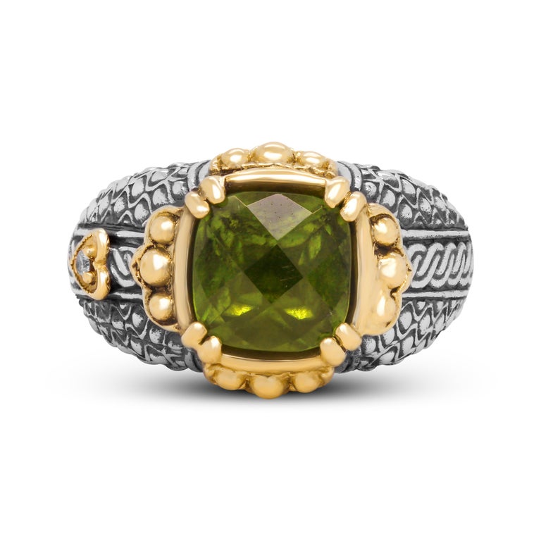 Stambolian Aged Silver and 18K Gold Square Peridot Center Cocktail Ring ...