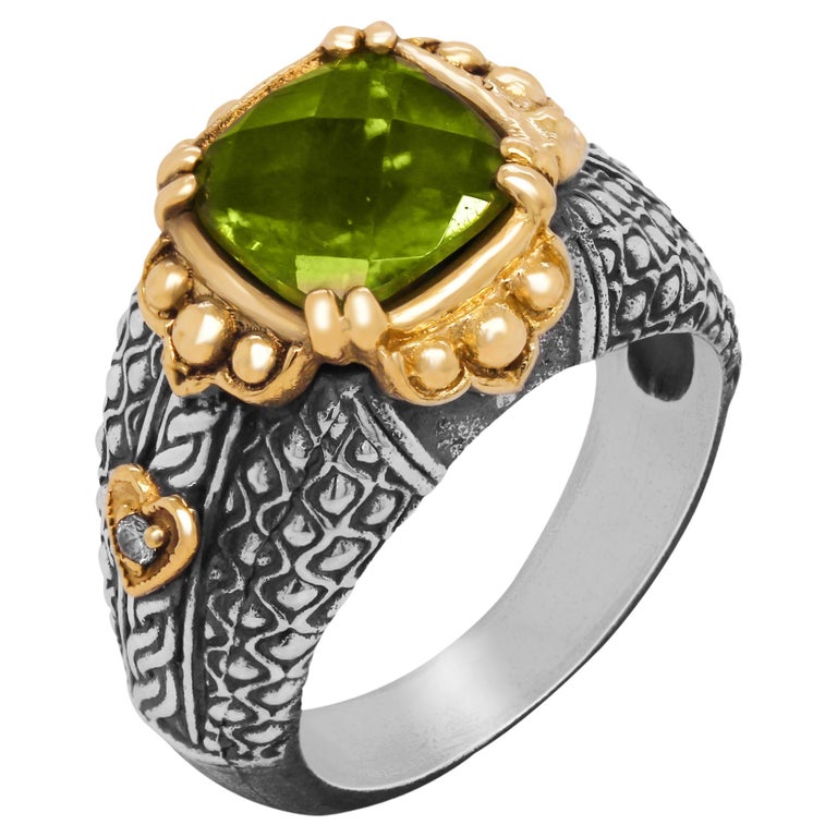 Stambolian Aged Silver and 18K Gold Square Peridot Center Cocktail Ring ...