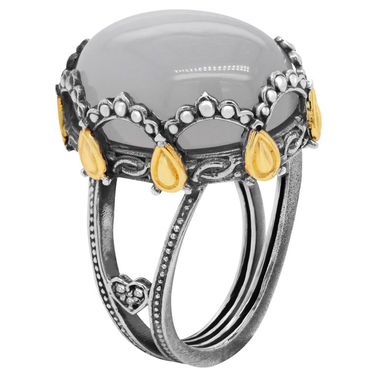 Stambolian Aged Silver 18K Gold White Moonstone Oval Double Band ...