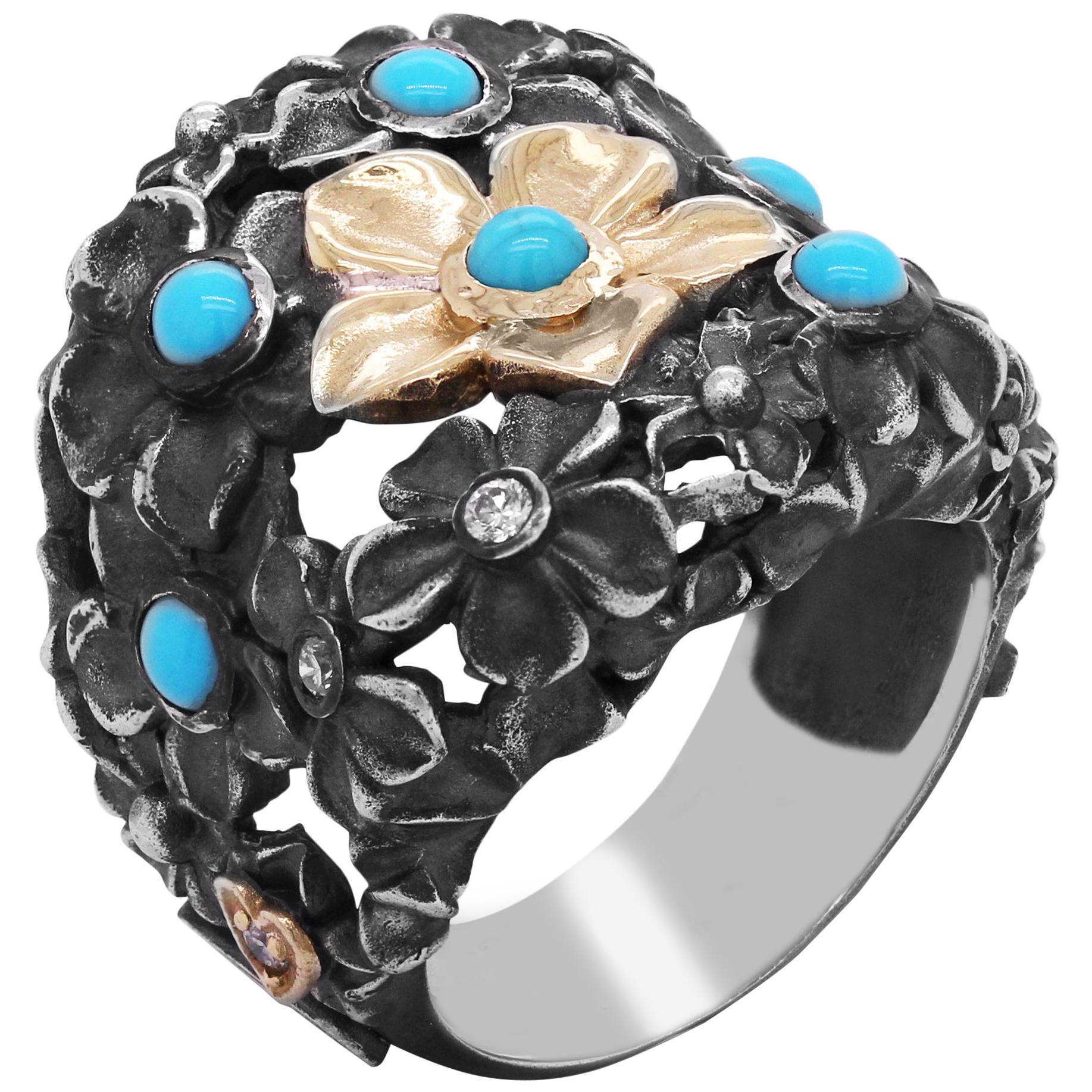 Turquoise and Gold Foliate Ring For Sale at 1stDibs