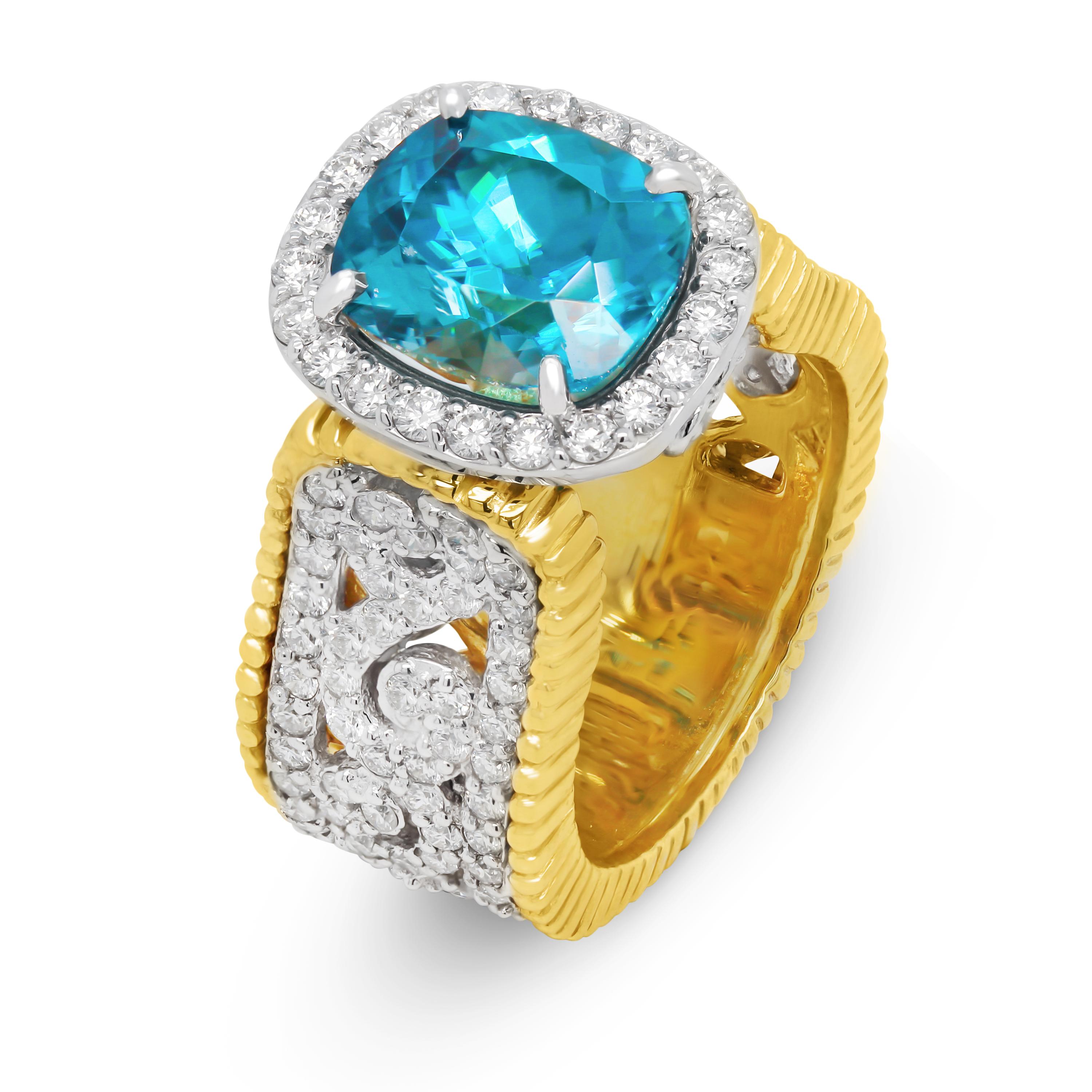Stambolian Neon Blue Zircon 18K Two Tone Gold and Diamonds Cocktail ...