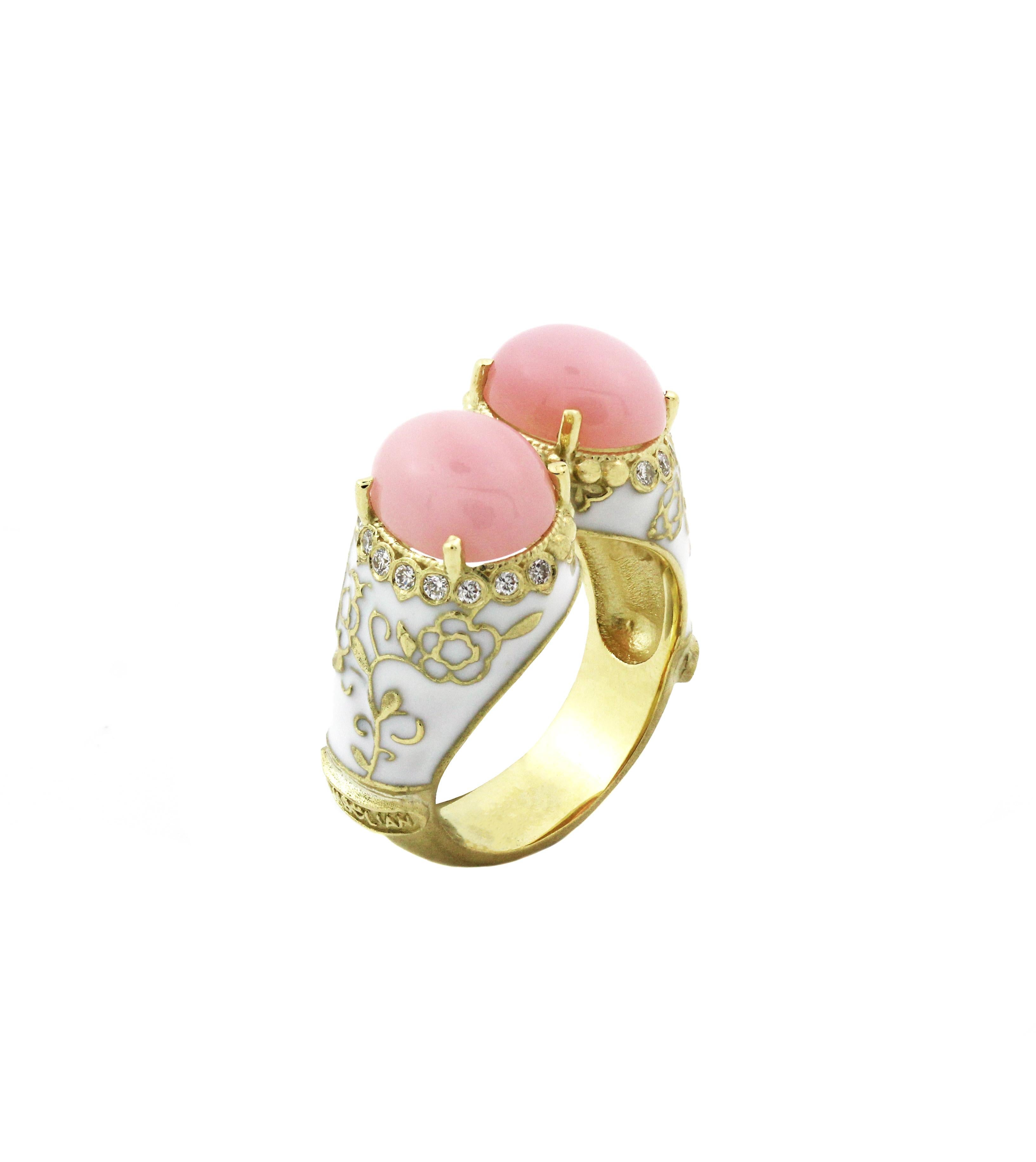 Stambolian Pink Peruvian Opal Yellow Gold and Diamond Ring with White ...