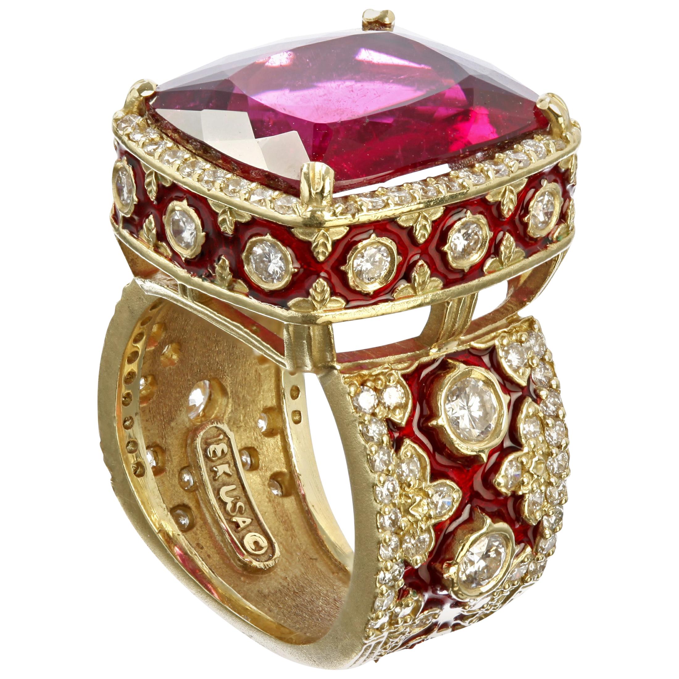 Stambolian Rubellite Tourmaline and Red Enamel Ring with Diamonds at ...