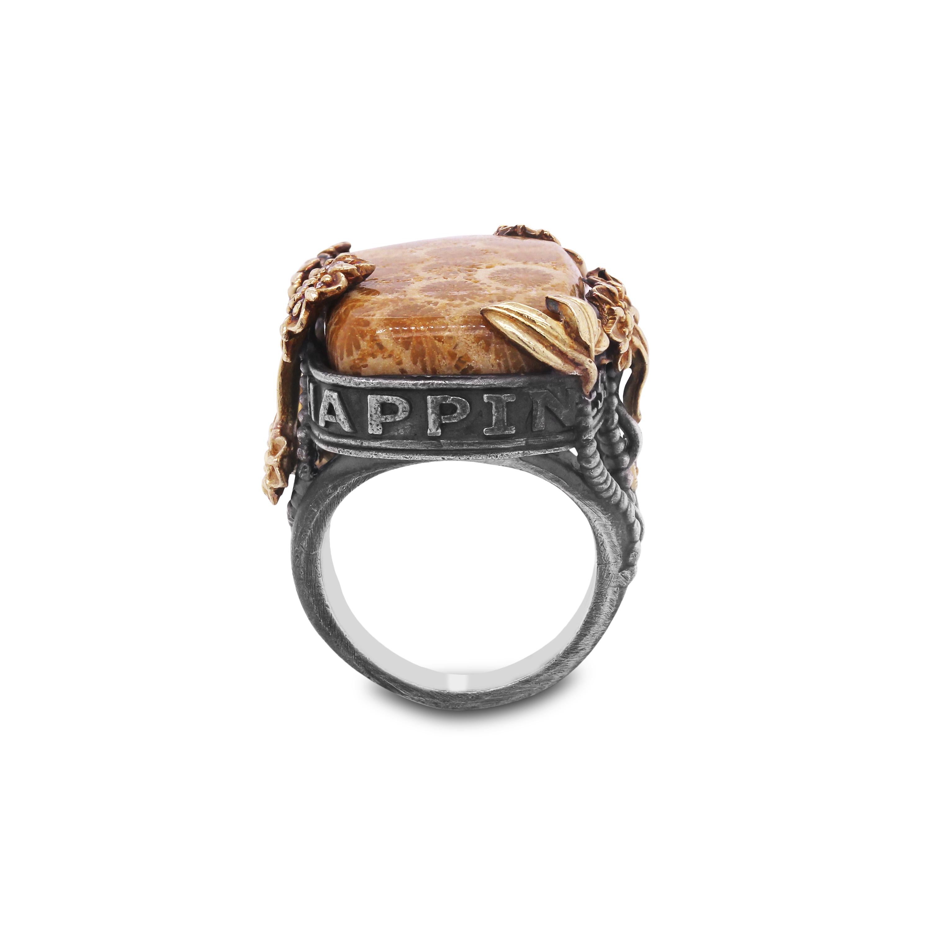 Stambolian Silver and 18 Gold Floral Ring with Diamonds and Fossil ...