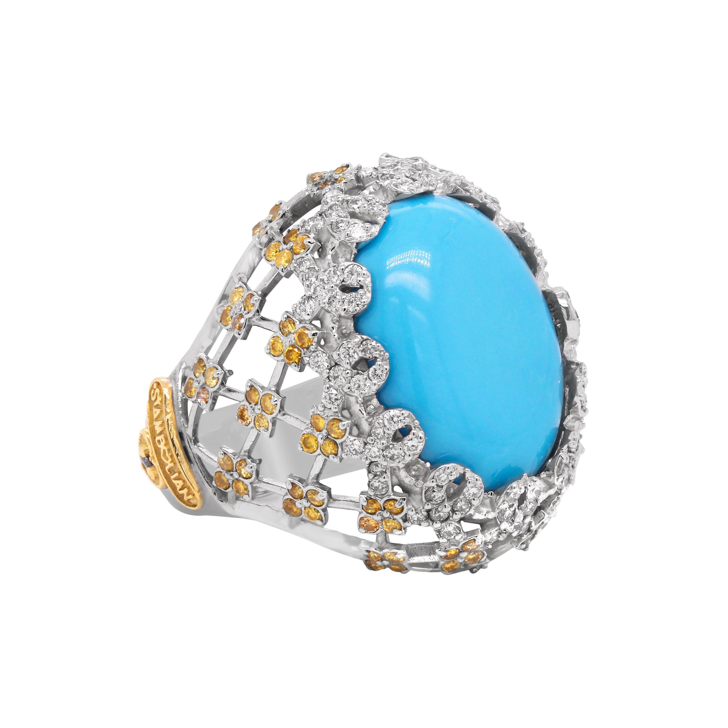 Stambolian Sleeping Beauty Turquoise Yellow White Diamond 18k Gold Dome ...