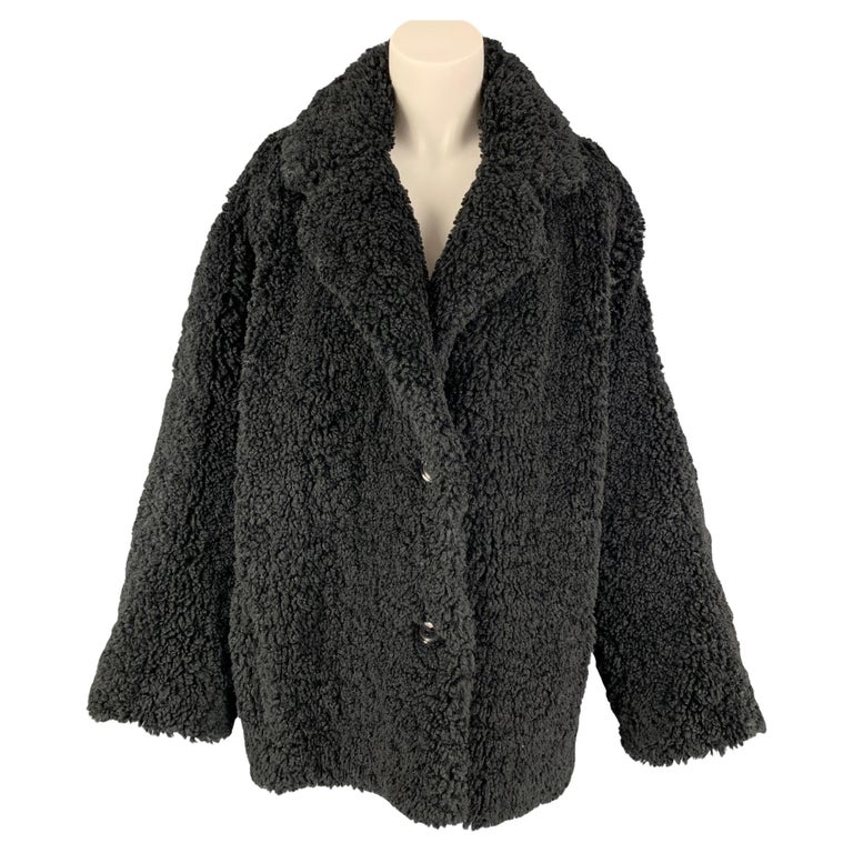 STAND STUDIO Size L Black Polyester Textured Faux Fur Notch Lapel Coat ...