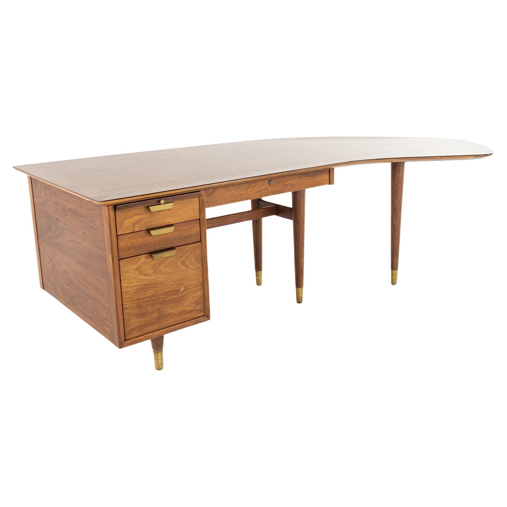 1950's American Boomerang Shaped Walnut and Cane Executive Desk at 1stDibs
