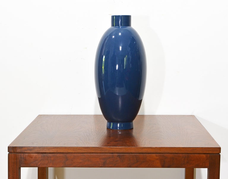 Indigo Blue Art Deco Style Glazed Ceramic Tall Vase For Sale at 1stDibs