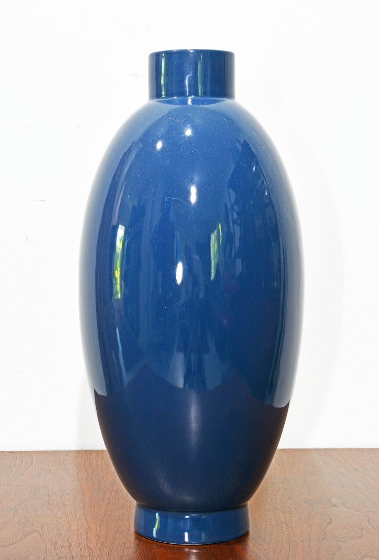 Indigo Blue Art Deco Style Glazed Ceramic Tall Vase For Sale at 1stDibs