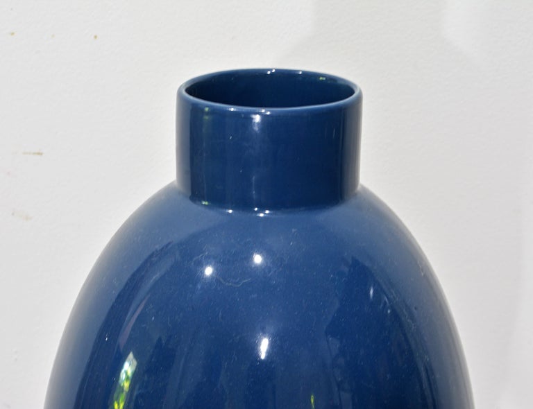 Indigo Blue Art Deco Style Glazed Ceramic Tall Vase For Sale at 1stDibs