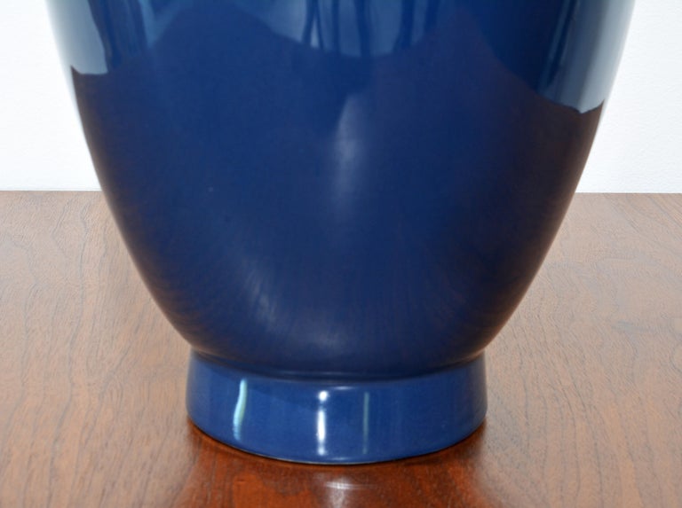 Indigo Blue Art Deco Style Glazed Ceramic Tall Vase For Sale at 1stDibs