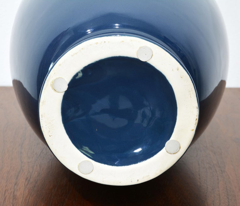 Indigo Blue Art Deco Style Glazed Ceramic Tall Vase For Sale at 1stDibs