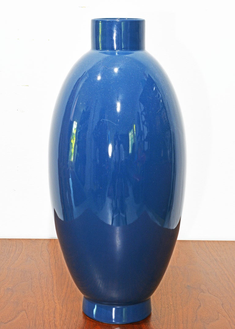 Indigo Blue Art Deco Style Glazed Ceramic Tall Vase For Sale at 1stDibs