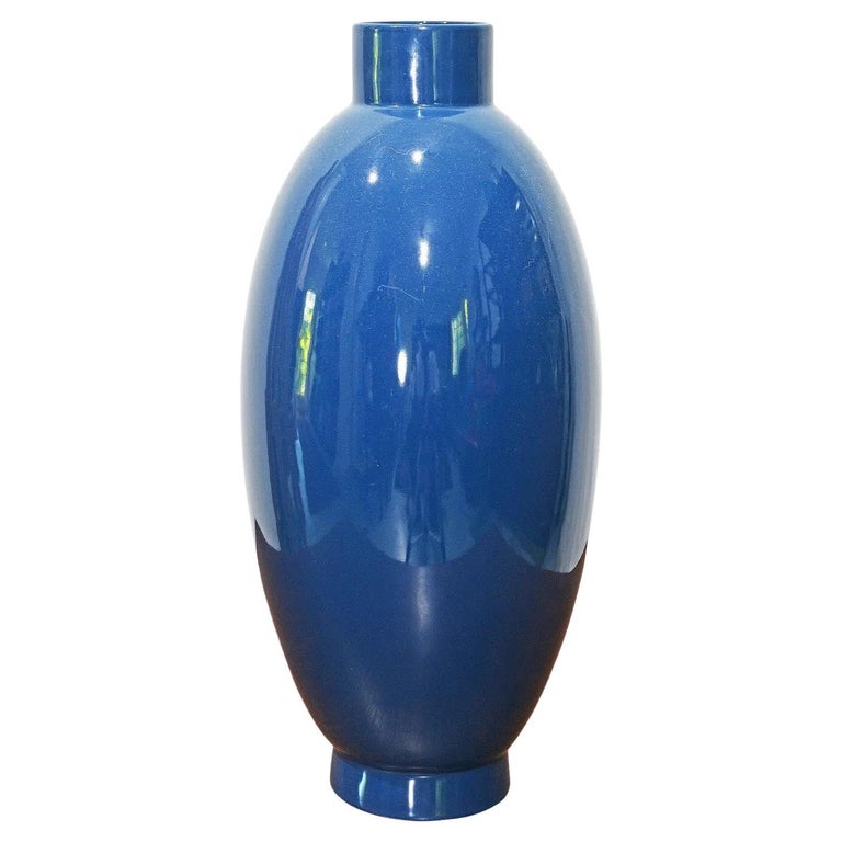 Indigo Blue Art Deco Style Glazed Ceramic Tall Vase For Sale at 1stDibs