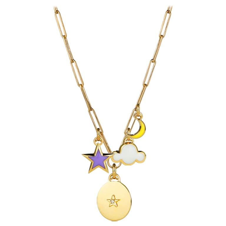Star Coin, Star, Cloud and Moon Pendant Necklace, 14K Yellow Gold with ...