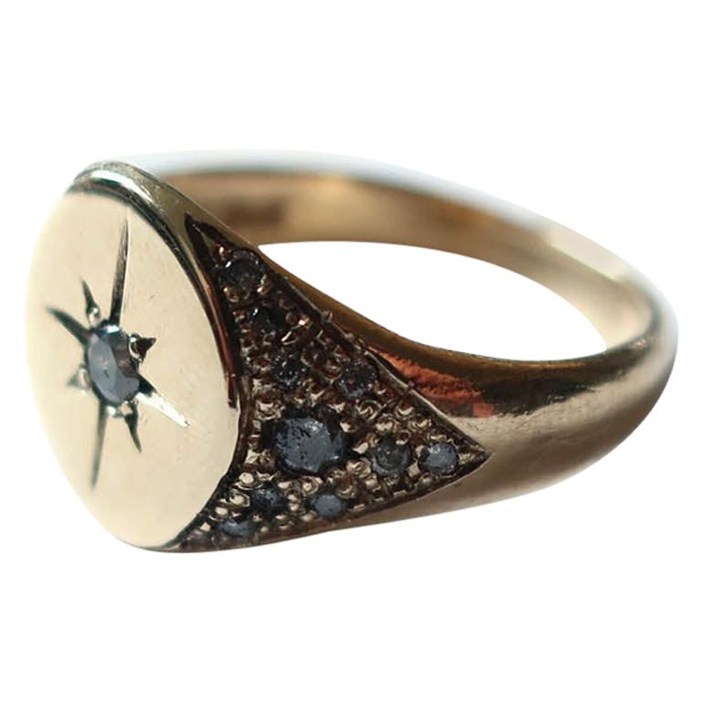 Star Engraved Diamond Compass Signet Ring in 14 Karat Gold at 1stDibs