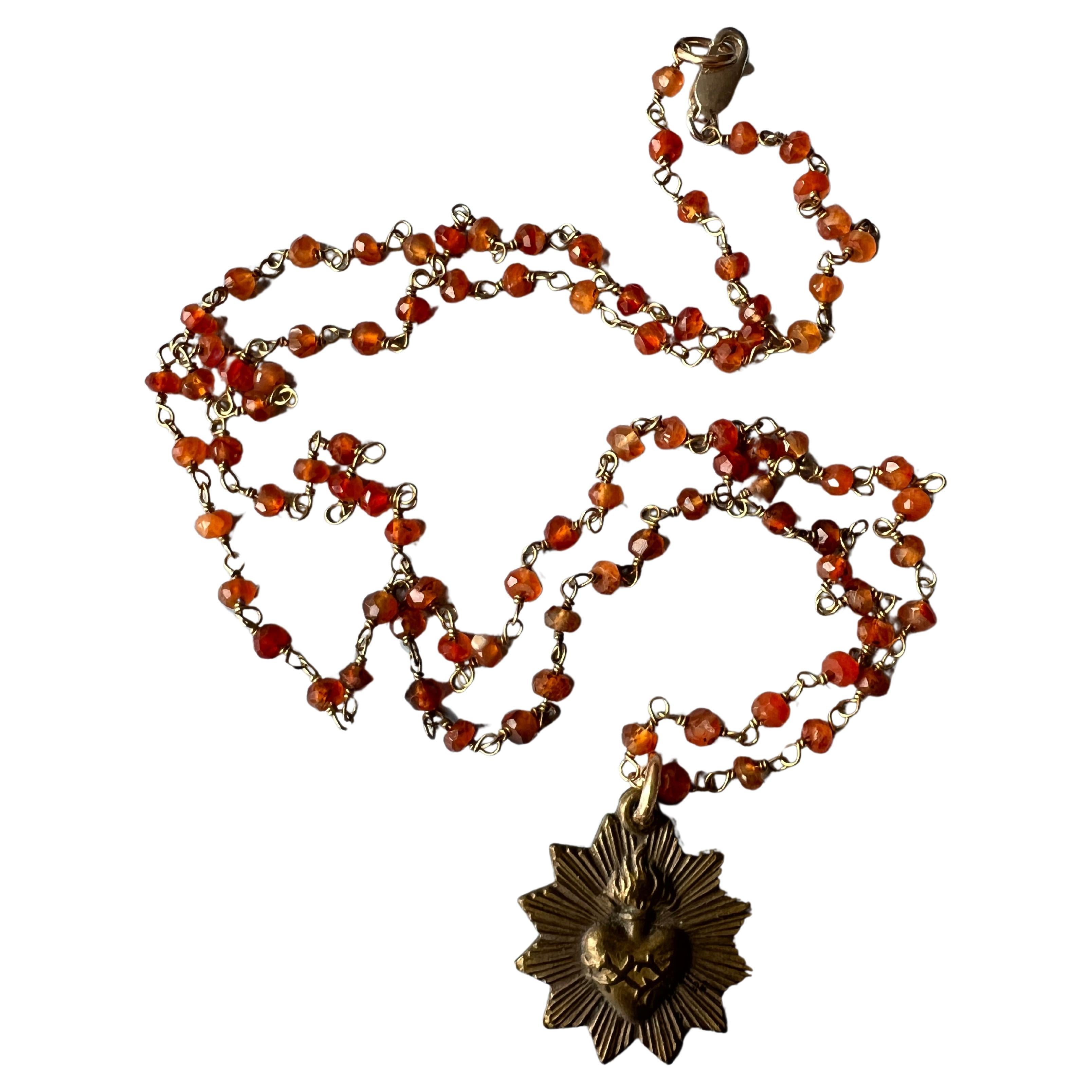 Star Heart Medal Sacred Heart Necklace Rosario Bead Chain Vintage ...