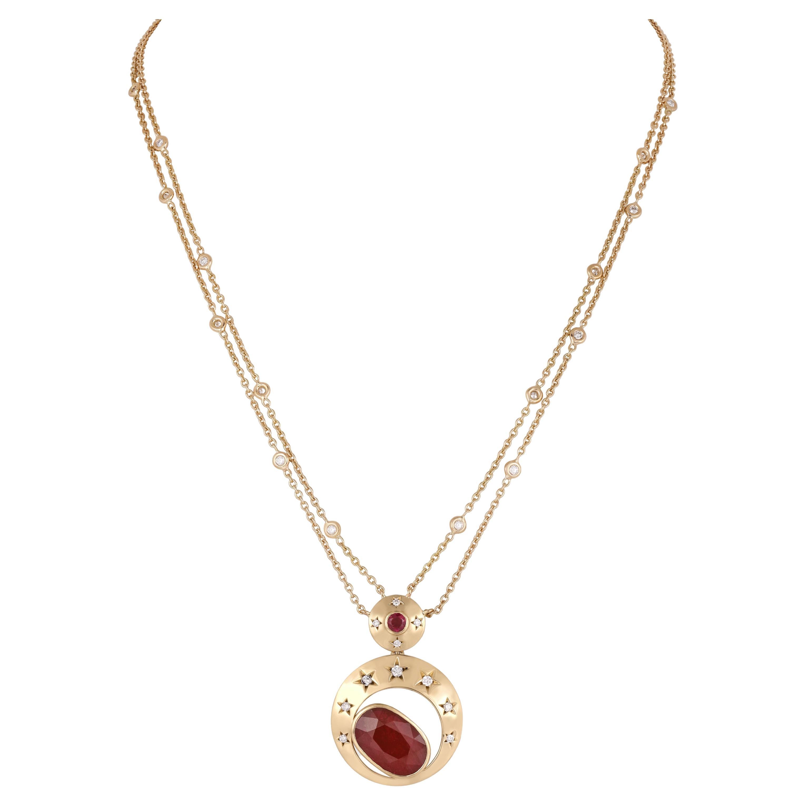 Cabochon Zambian Emerald, Ruby and Diamond Pendant in 18k Gold For Sale ...