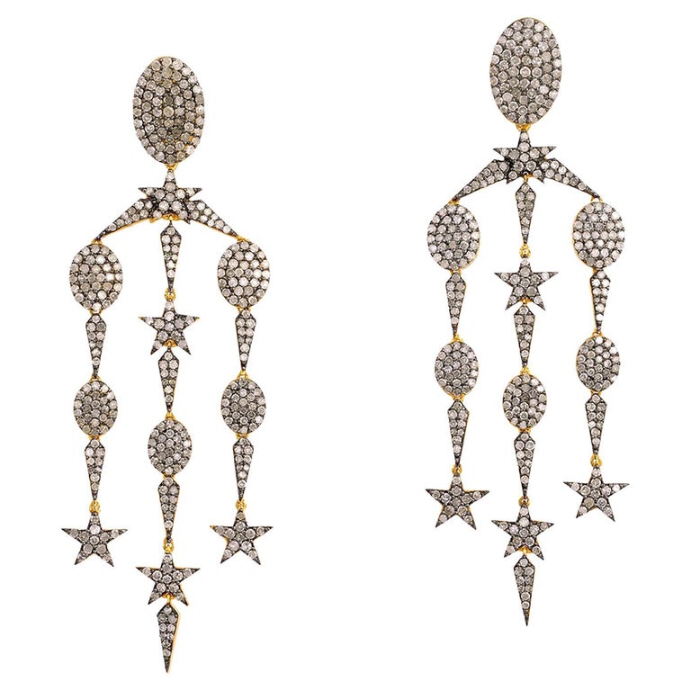 Star and Oval Shaped Pave Diamonds Set Chandelier Earrings in 18k Gold ...